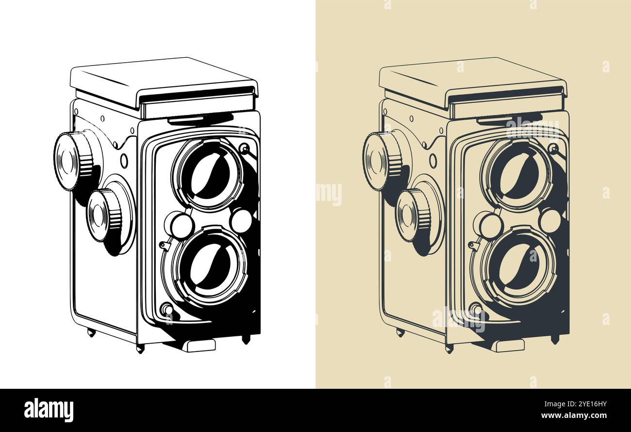 Stylized vector illustrations of a twin-lens reflex vintage camera ...