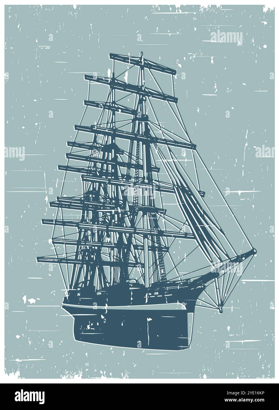Stylized vector illustration of a sailing ship in retro poster style ...