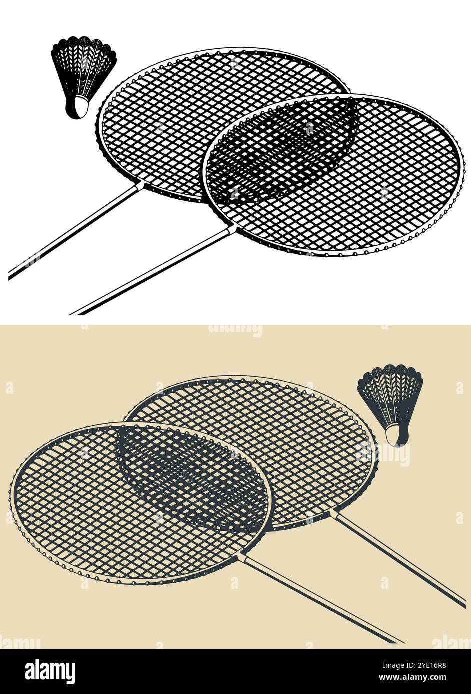 Stylized vector illustrations of rackets and shuttlecocks for badminton ...