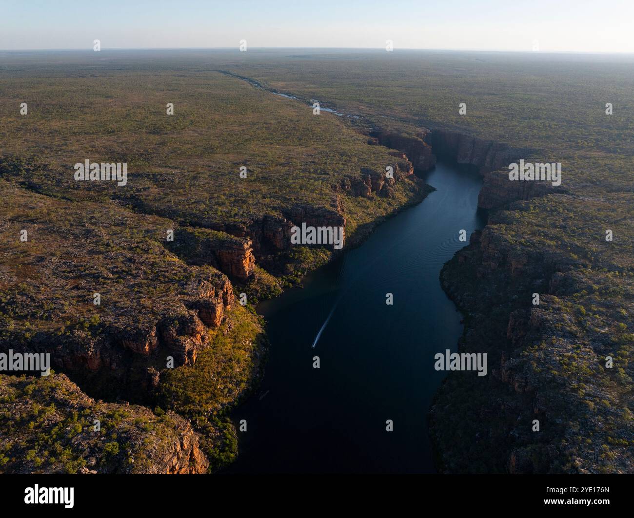 Aerial view of small boats travelling in King George River in The ...