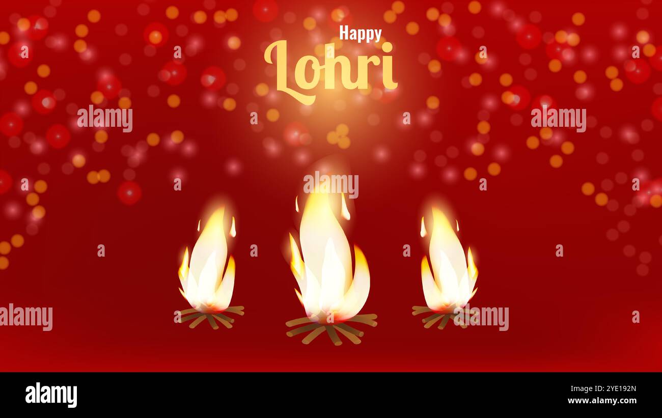 Happy Lohri Indian holiday festival bright bonfire red background ...