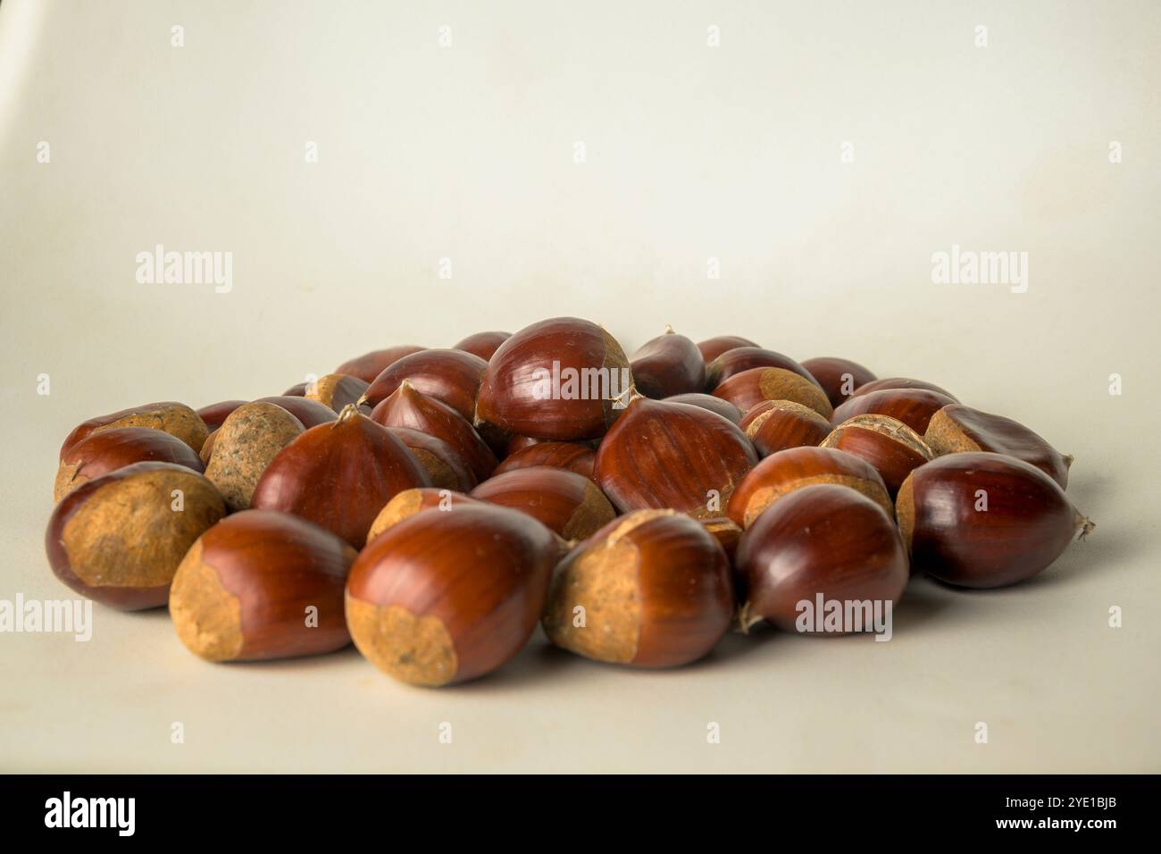 Freshly harvested natural chestnuts with a white background in a ...