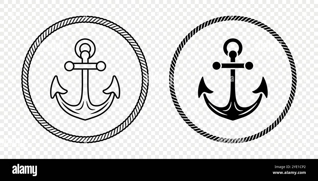 Anchor Icon Set. Flat Monochrome Anchor Shapes in Circular Rope Frame ...