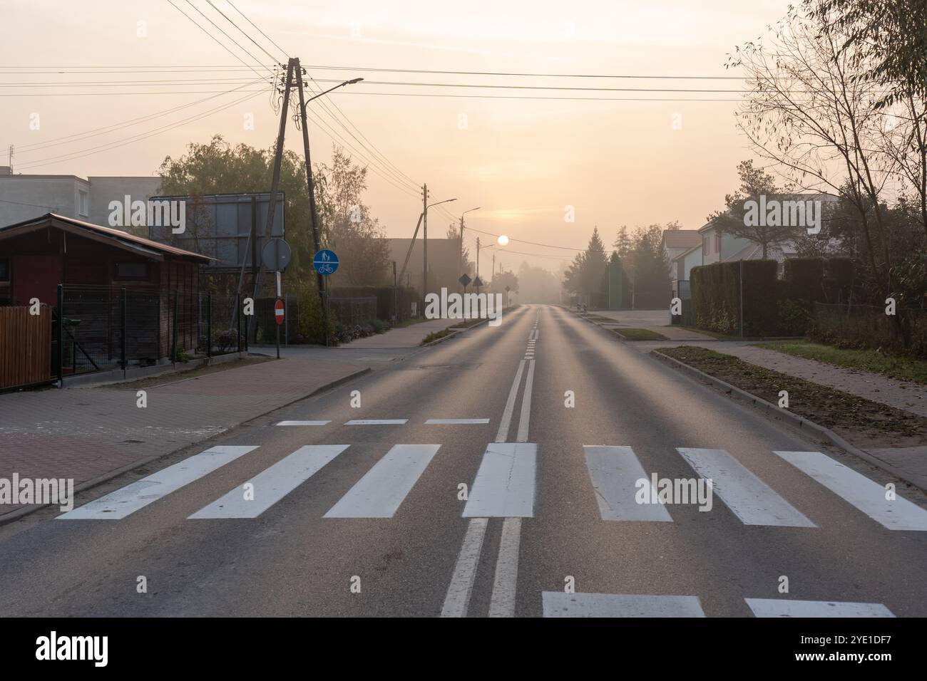 Quiet suburban road with pedestrian crossing under misty morning ...