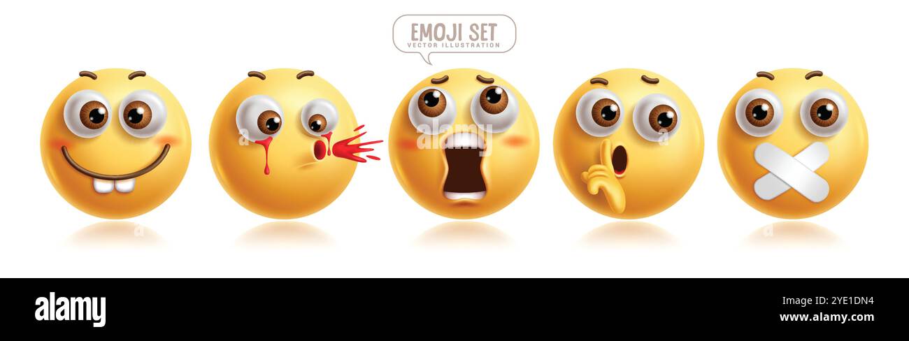 Emoji 3d emoticon character vector set. Emoticons facial expression in happy, ashamed, shocked ...