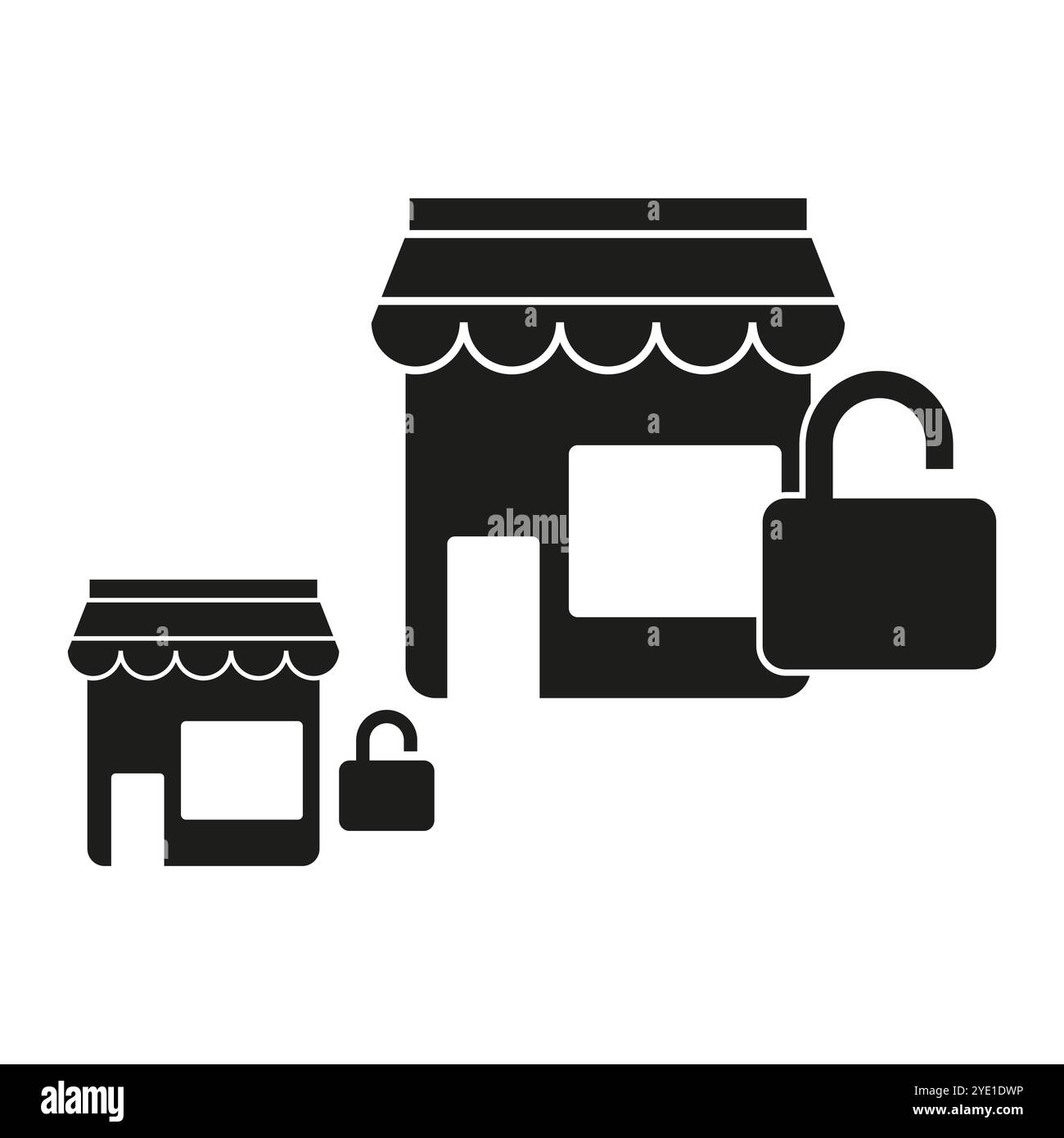 Storefront icon. Shop security symbol. Unlocked padlock graphic. Retail ...
