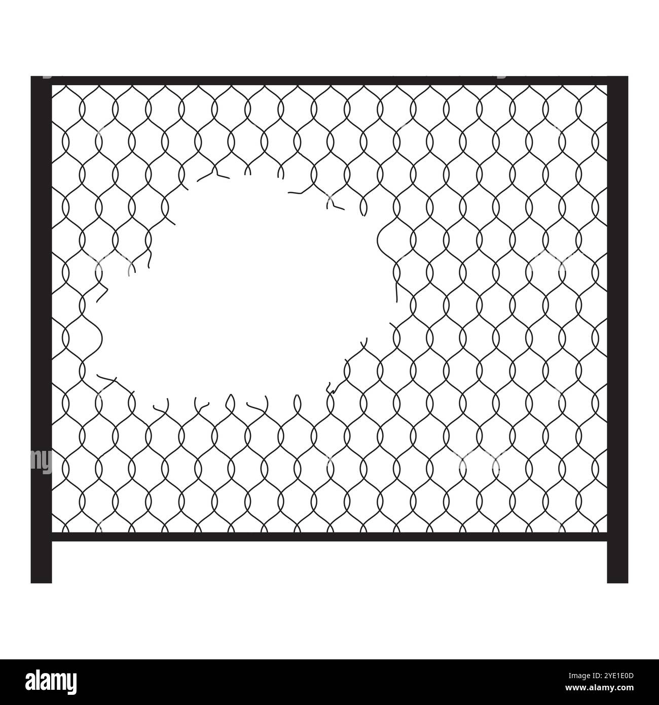 Broken wire fence. Damaged chain link. Vector barrier. Security breach ...