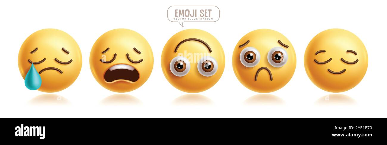 Emoji sad emoticons characters vector set. Emojis emotions facial expression in upset, depressed ...