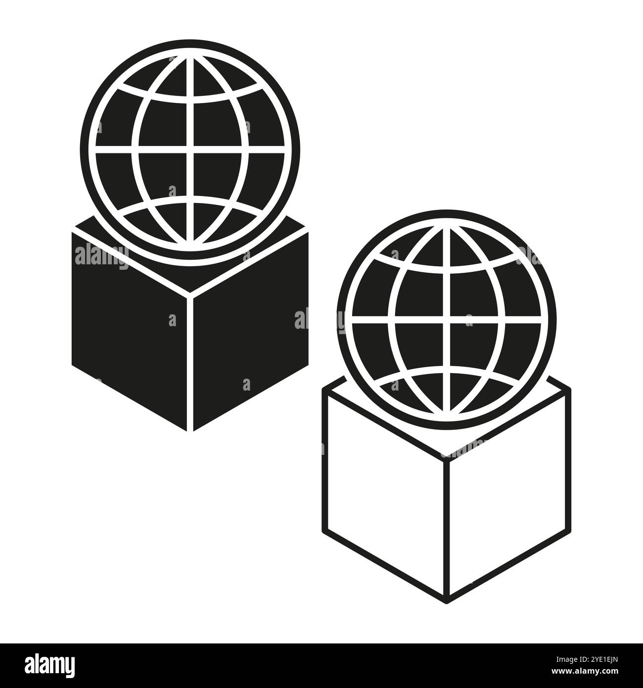 Globe on cube icon. Global sphere on black cube. Bold outline style ...
