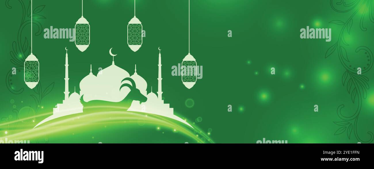muslim islamic mosque banner with lantern in glowish green background ...