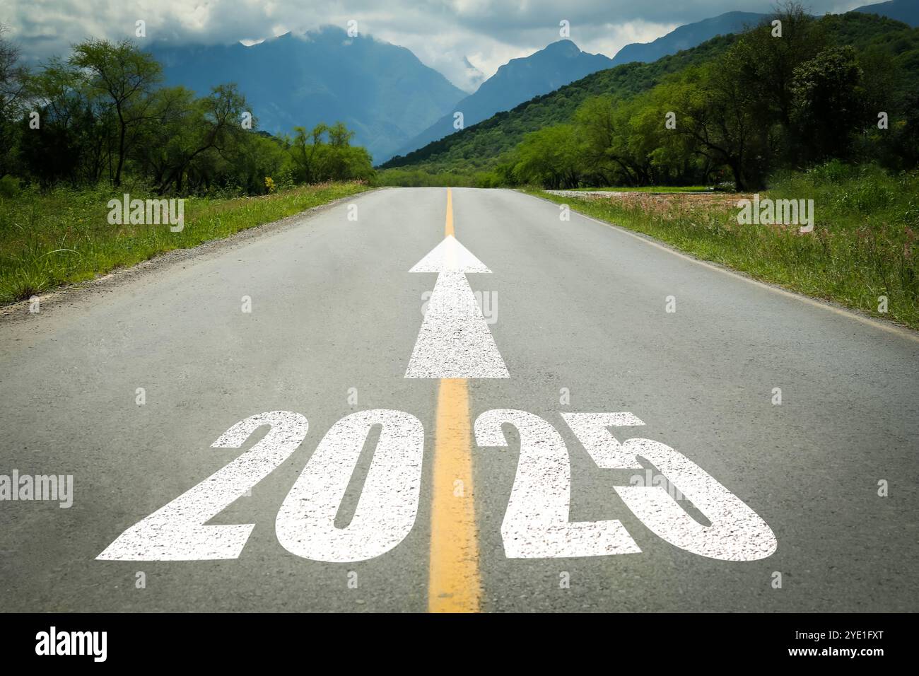 2025 and arrow on asphalt road. Concept of new year, fresh beginning ...