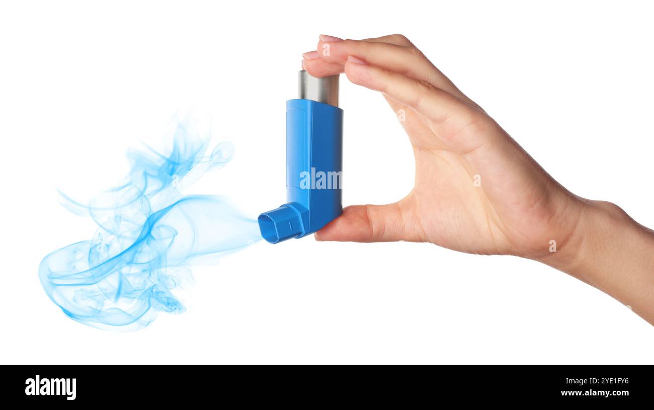 Asthma treatment. Woman holding inhaler on white background, closeup ...