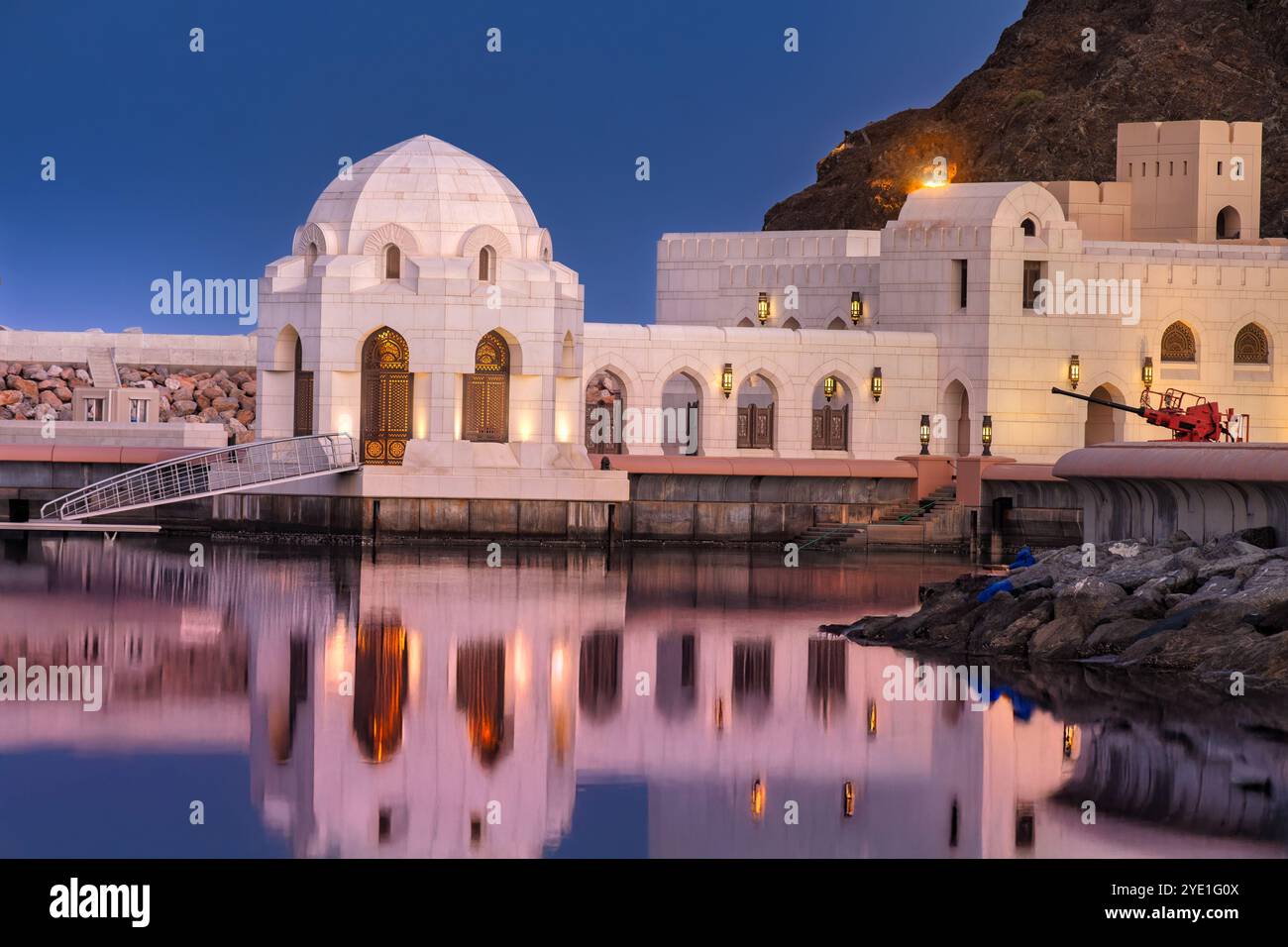 The grand portico of Al Alam Palace in Muscat, Oman, showcases royal ...