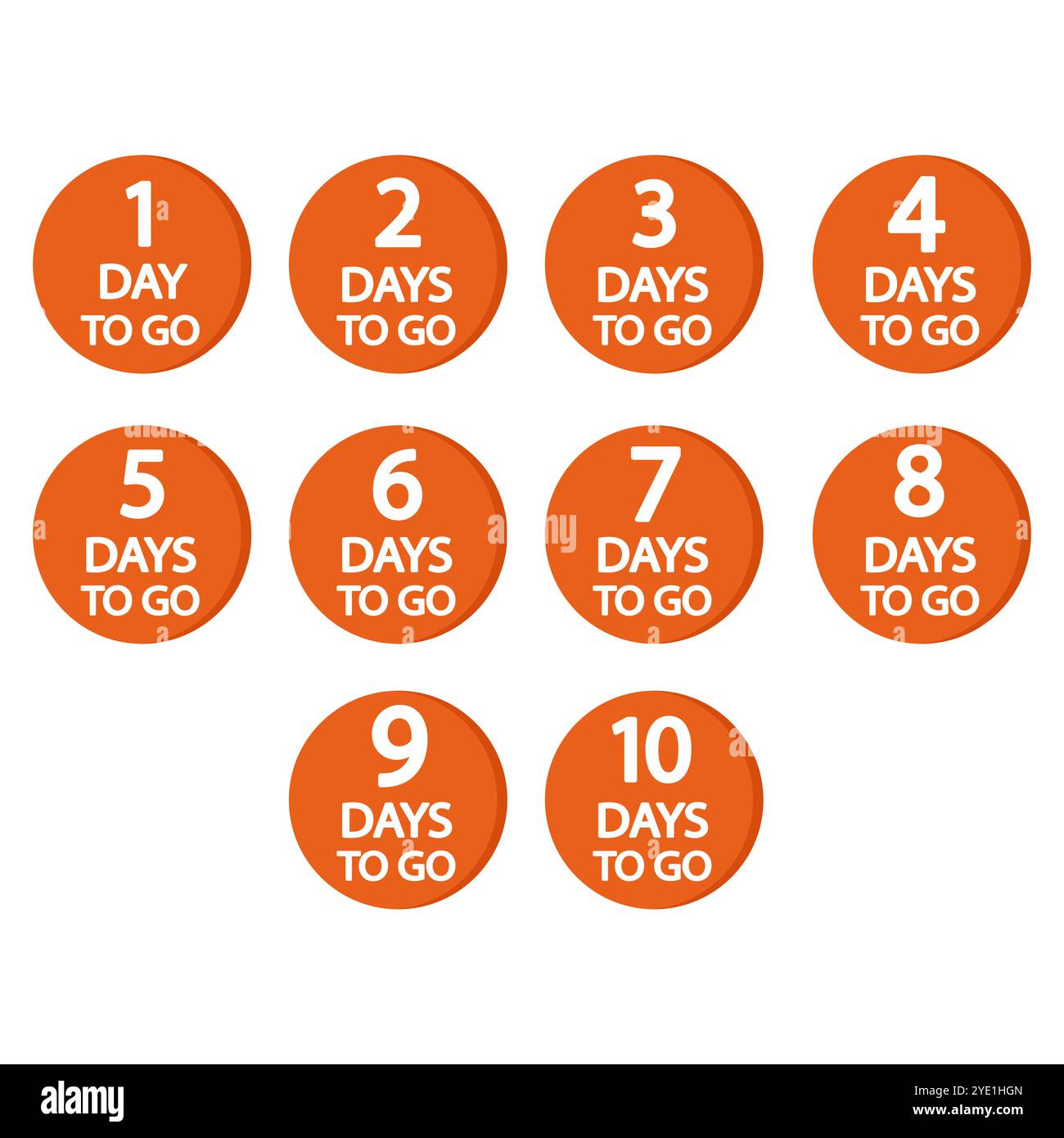 Countdown timer icons. Numbers one to ten. Bold days to go text. Orange circular background ...