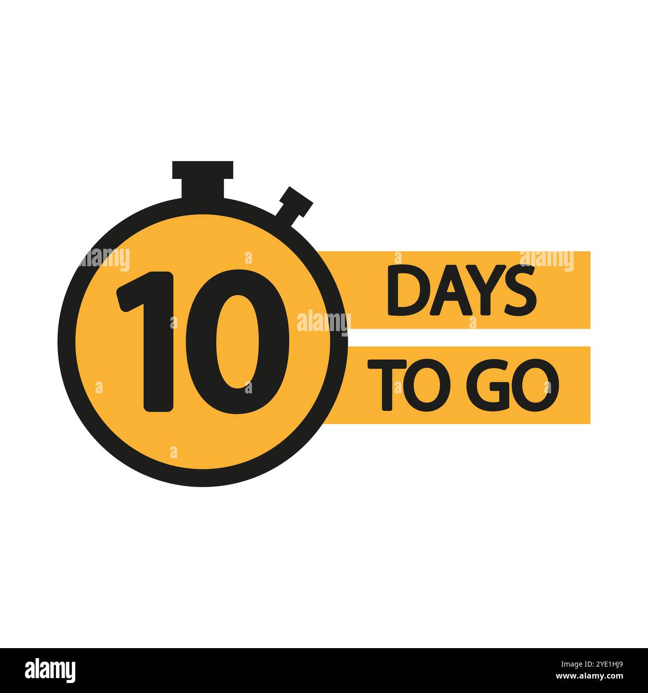 Countdown timer icon. Number ten focus. Bold 10 days to go text. Yellow ...