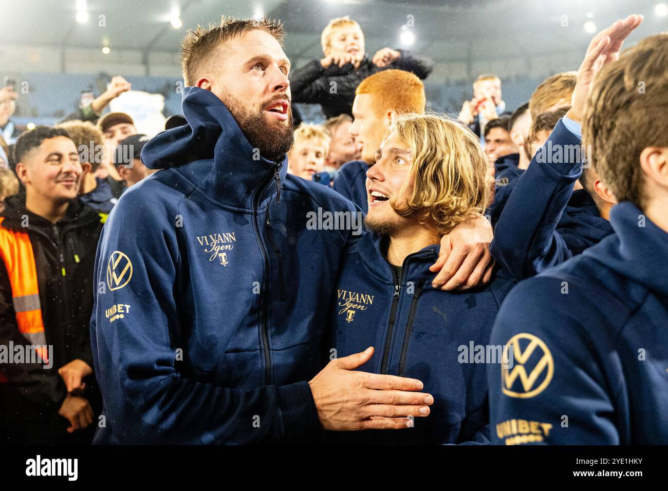 Malmoe, Sweden. 28th, October 2024. Pontus Jansson (L) of Malmoe FF seen in celebration with ...