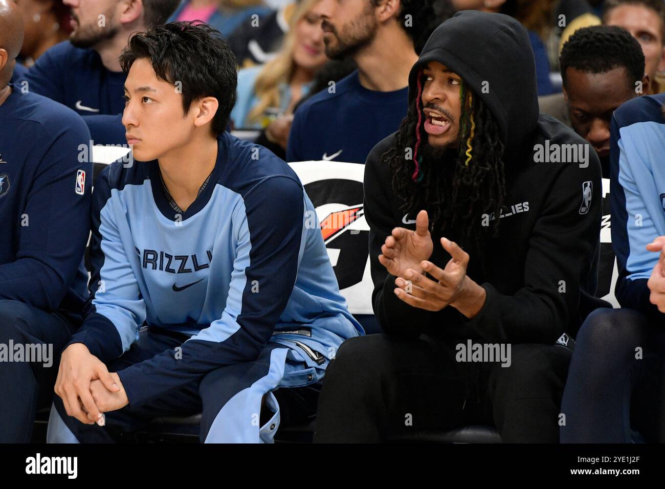 Memphis Grizzlies guards Yuki Kawamura, left, and Ja Morant look on ...