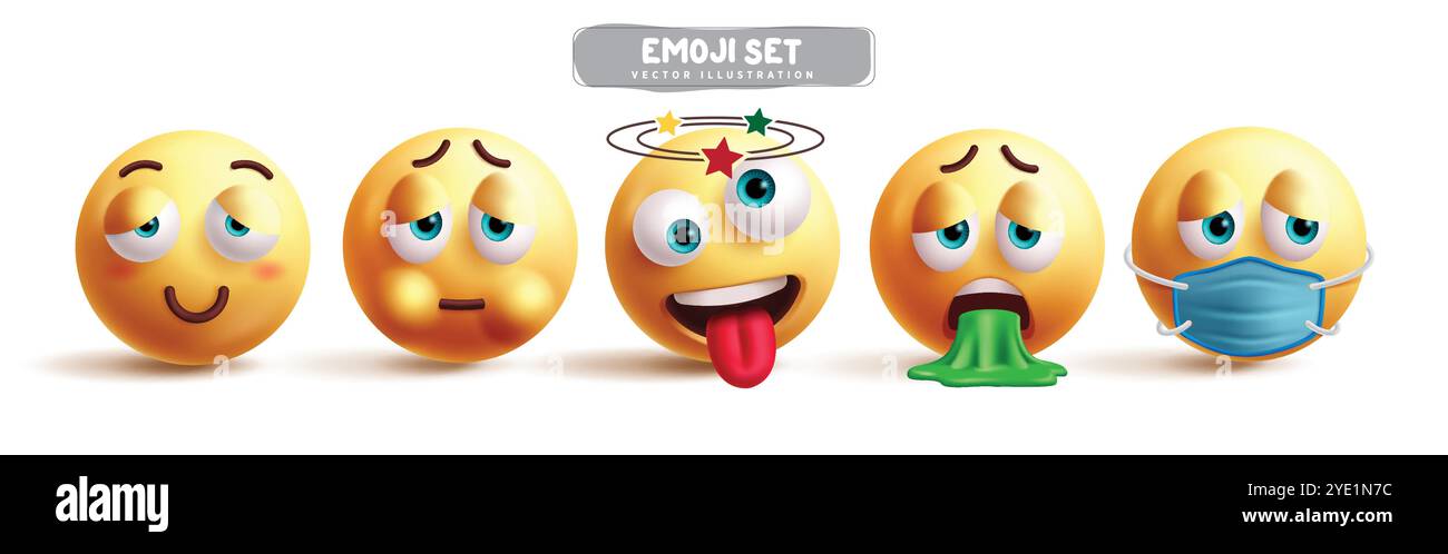 Emojis tired emoticon characters vector set. Emoji 3d character in sick ...