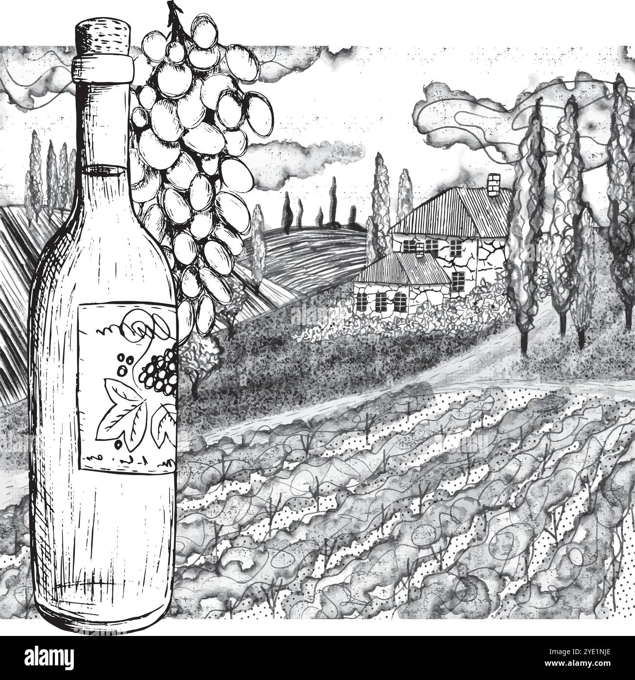 An indepth, detailed illustration of a beautiful and scenic vineyard ...