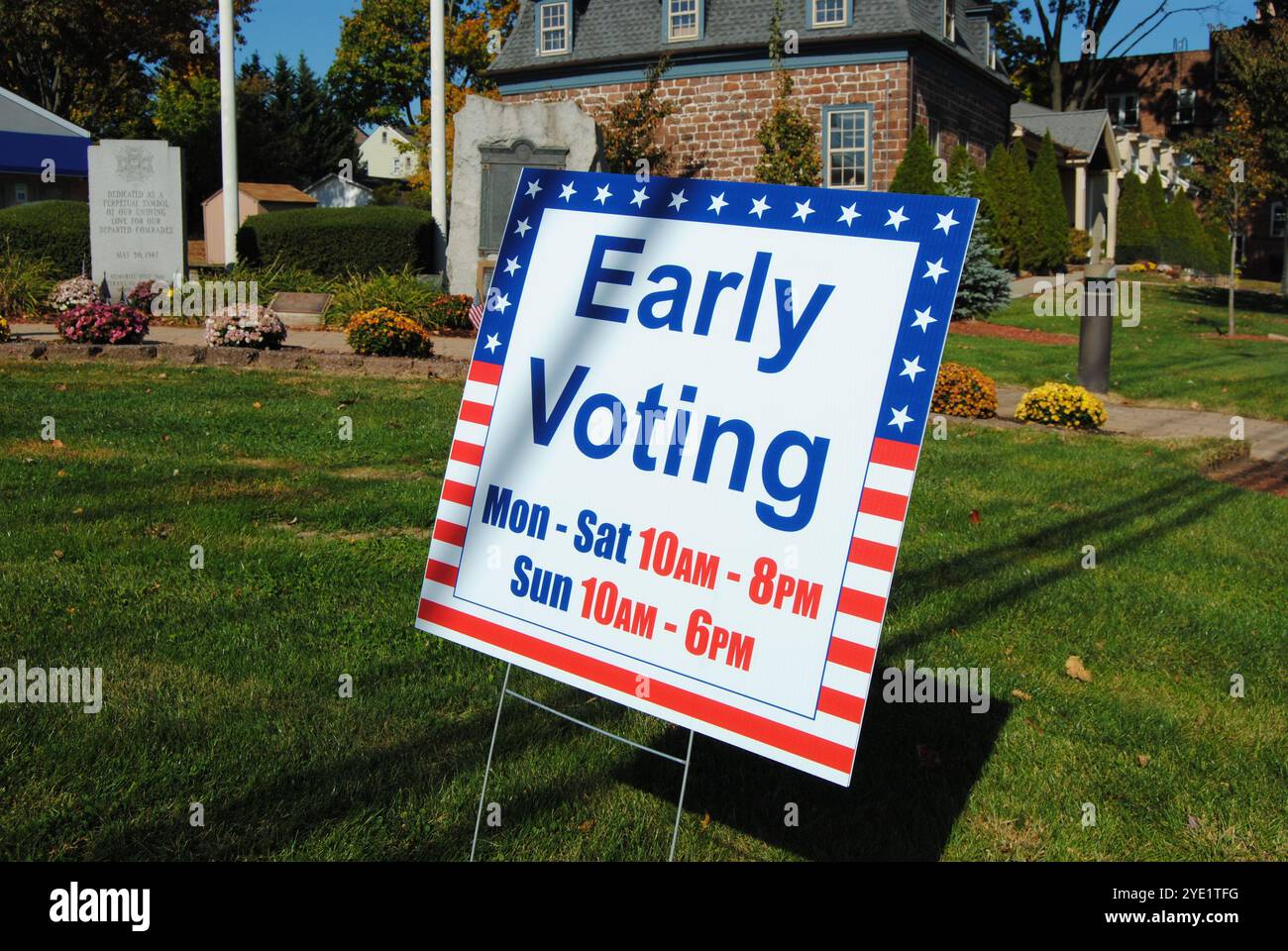Wood-Ridge, New Jersey, USA - October 28 2024: Sign pointing voters to ...