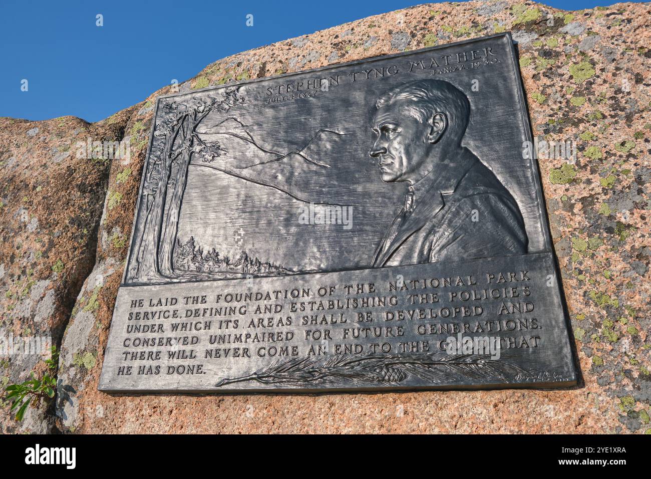 A plaque, memorial, tribute to park service worker, Stephen Tyng Mather ...