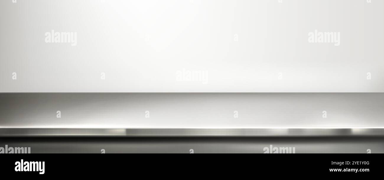 Metal kitchen table. Steel counter top surface. 3d silver empty shelf ...