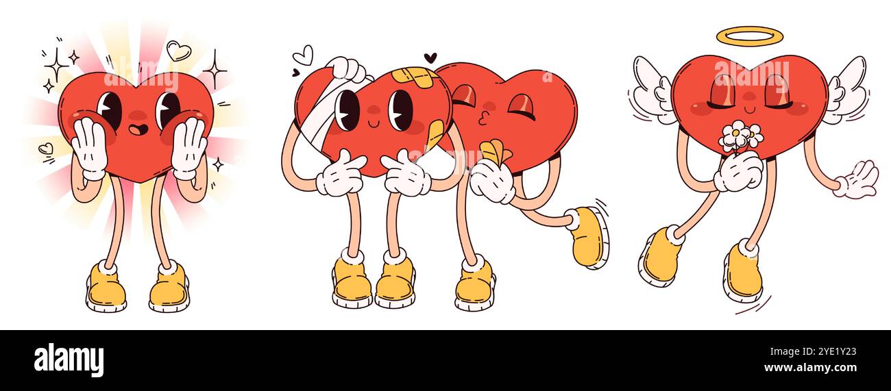 Expressive red groovy heart characters wearing yellow boots show ...