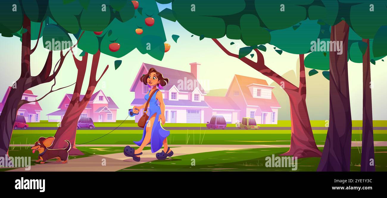 Young woman walking dog in town street. Vector cartoon illustration of ...