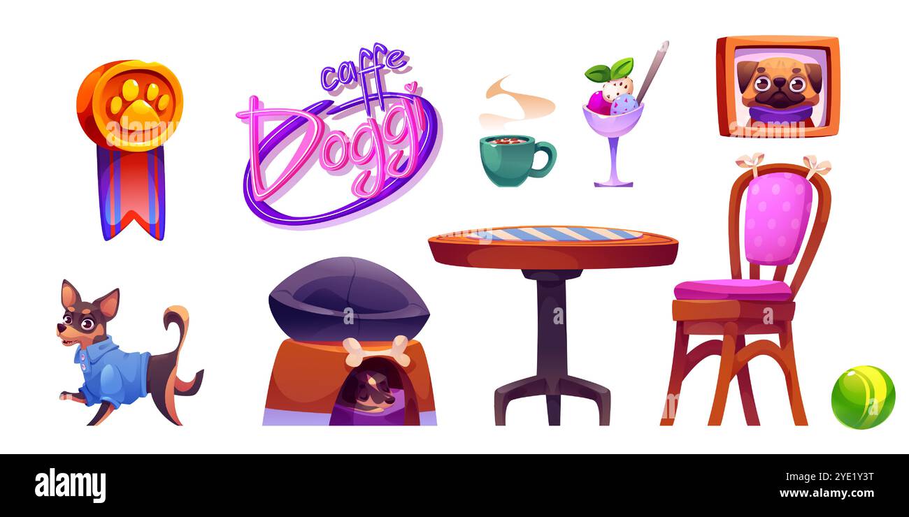 Table for dog friendly cafe furniture vector set. Pet care restaurant ...