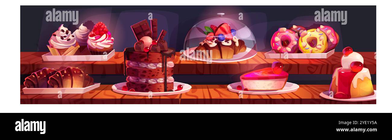 Sweet treats displayed on wooden counter - cartoon vector chocolate ...