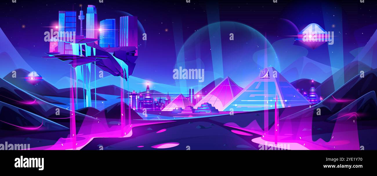Neon metaverse tech city background with pyramid. Futuristic egypt ...