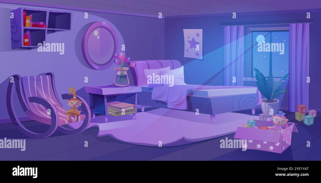Nighttime bedroom interior under moonlight through window. Purple ...