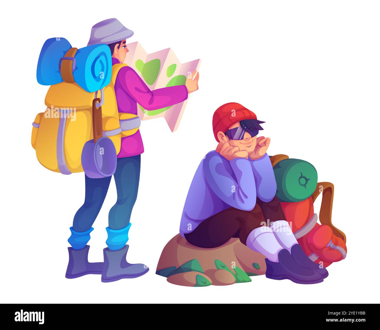 Outdoor scene with man hiker studying map and young woman tourist rests on rock. Characters wear ...