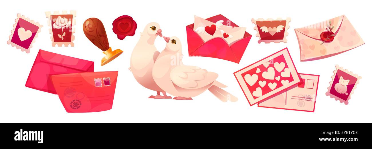 Romantic postal collection with loving doves and heart adorned ...