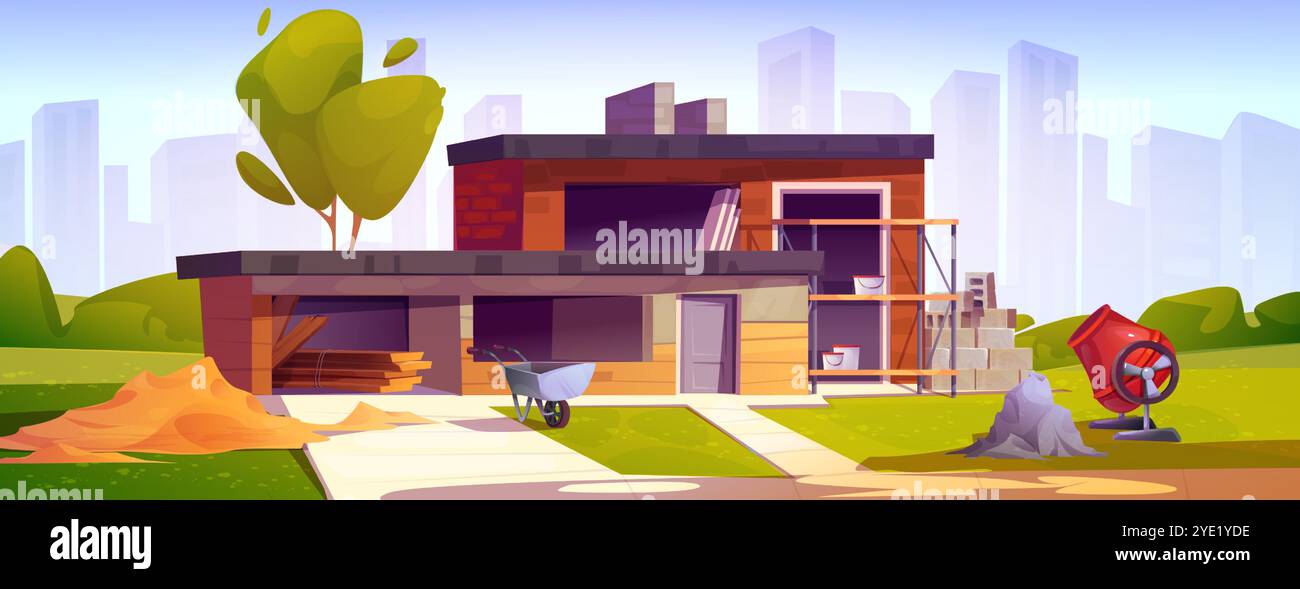 Construction site with house exterior under renovation. Modern building ...