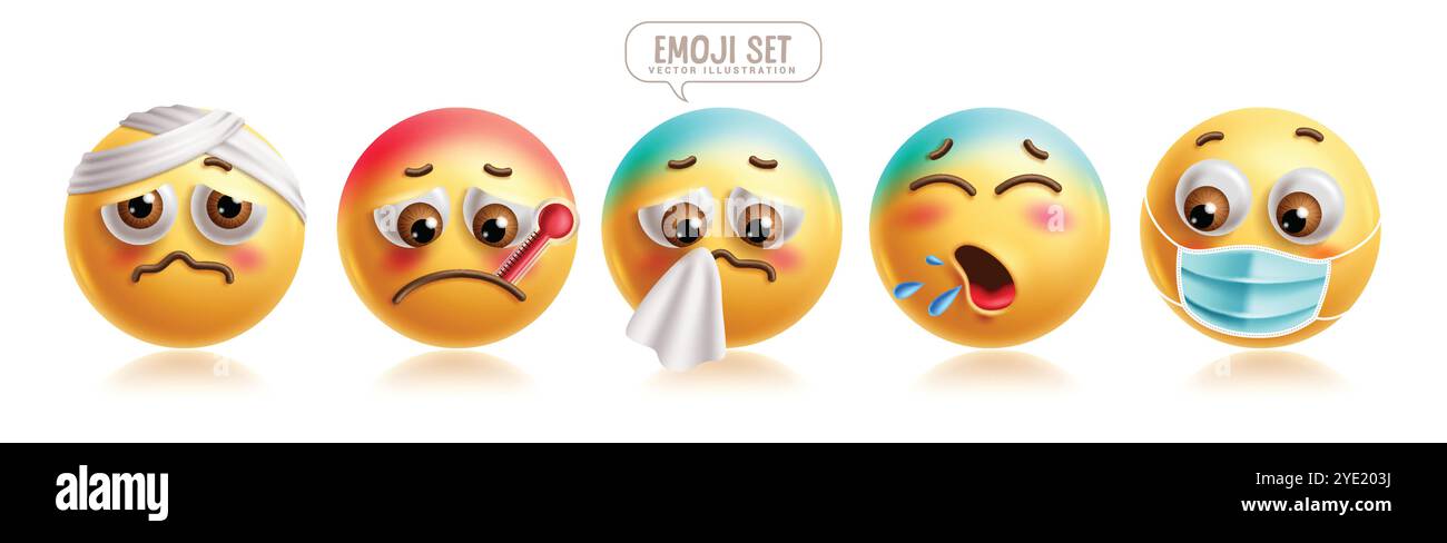 Emoji sick 3d emoticon characters vector set. Emoticons character with ...