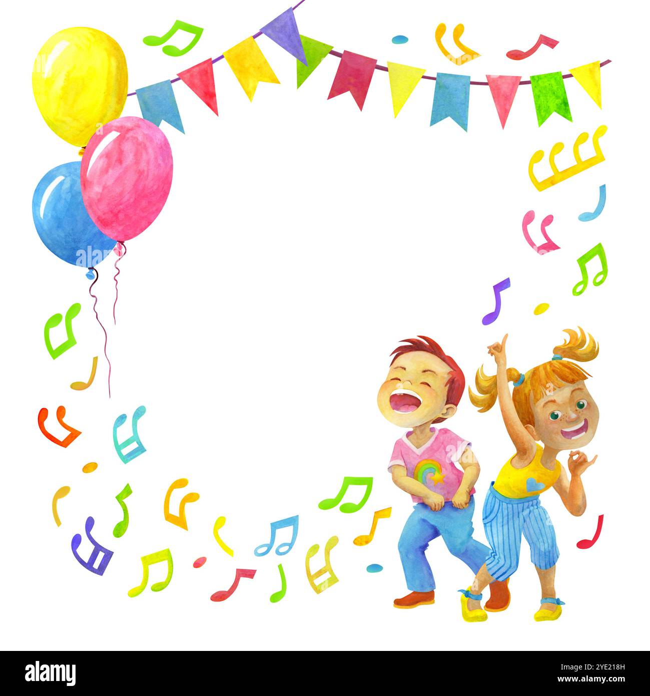 Cool school age girl and boy dancing at a kids party. Watercolor ...