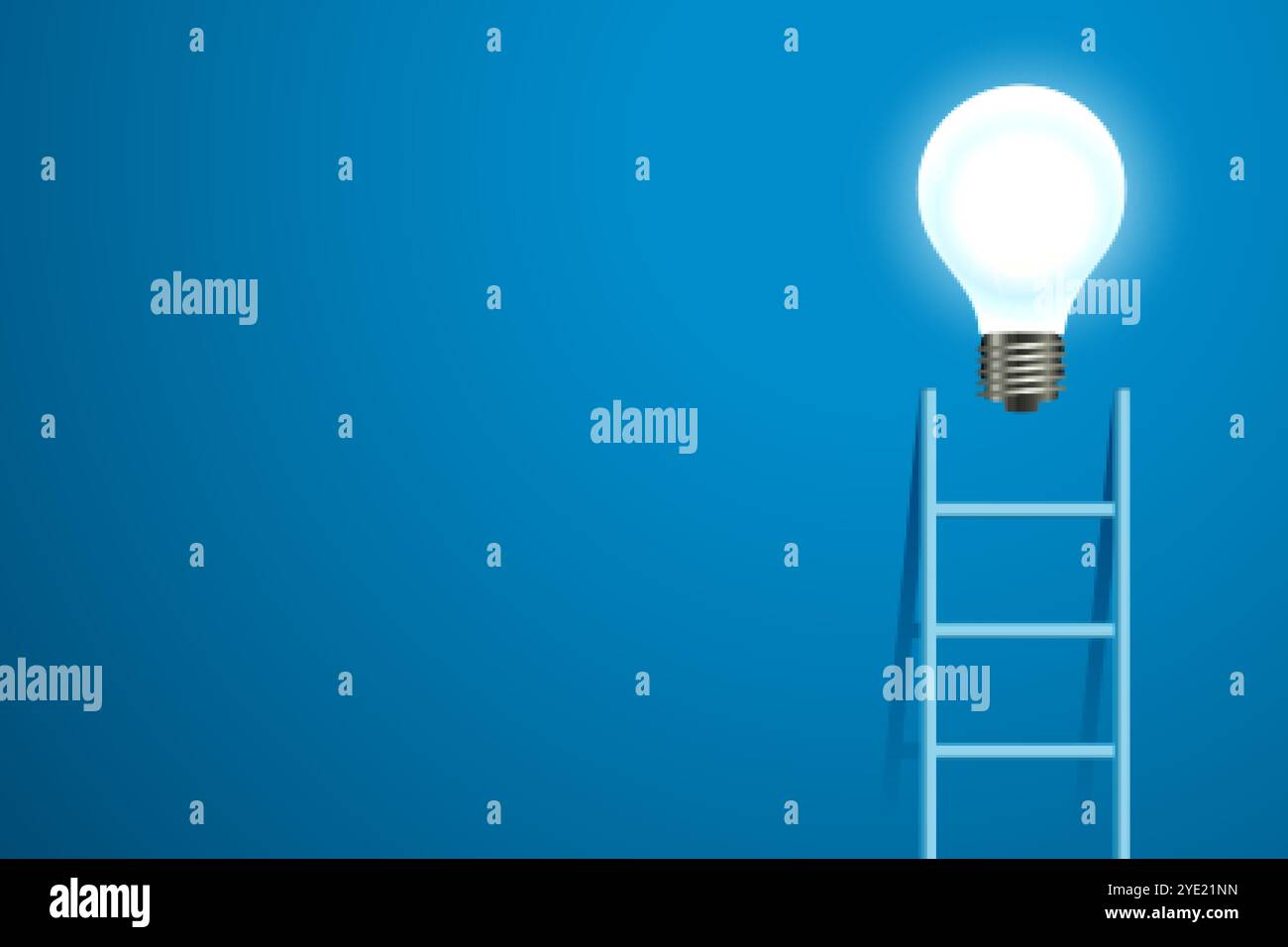 clean step ladder reaches to glowing light bulb represent idea concept ...