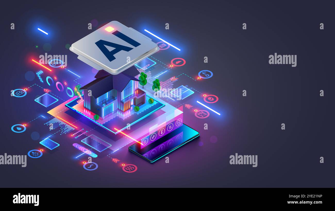 Smart home concept. AI controls Futuristic Smart home. Isometric Futuristic buildings inside ...