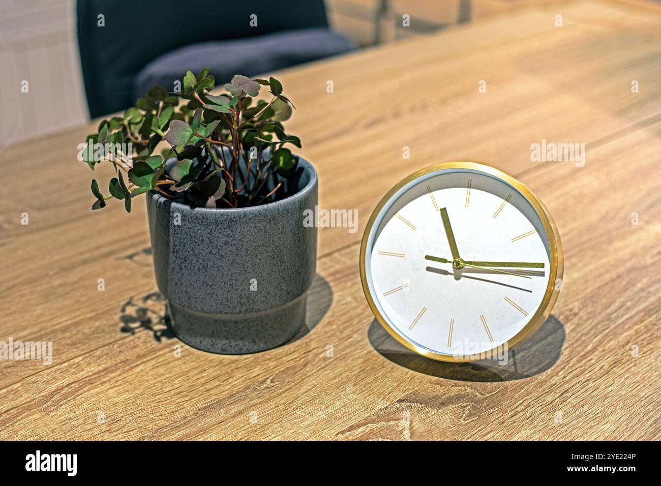clock next to a flower on a table. Changing the clock to winter and ...
