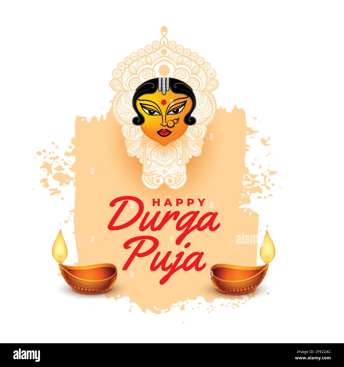 happy durga puja greeting background with diya and goddess face design ...