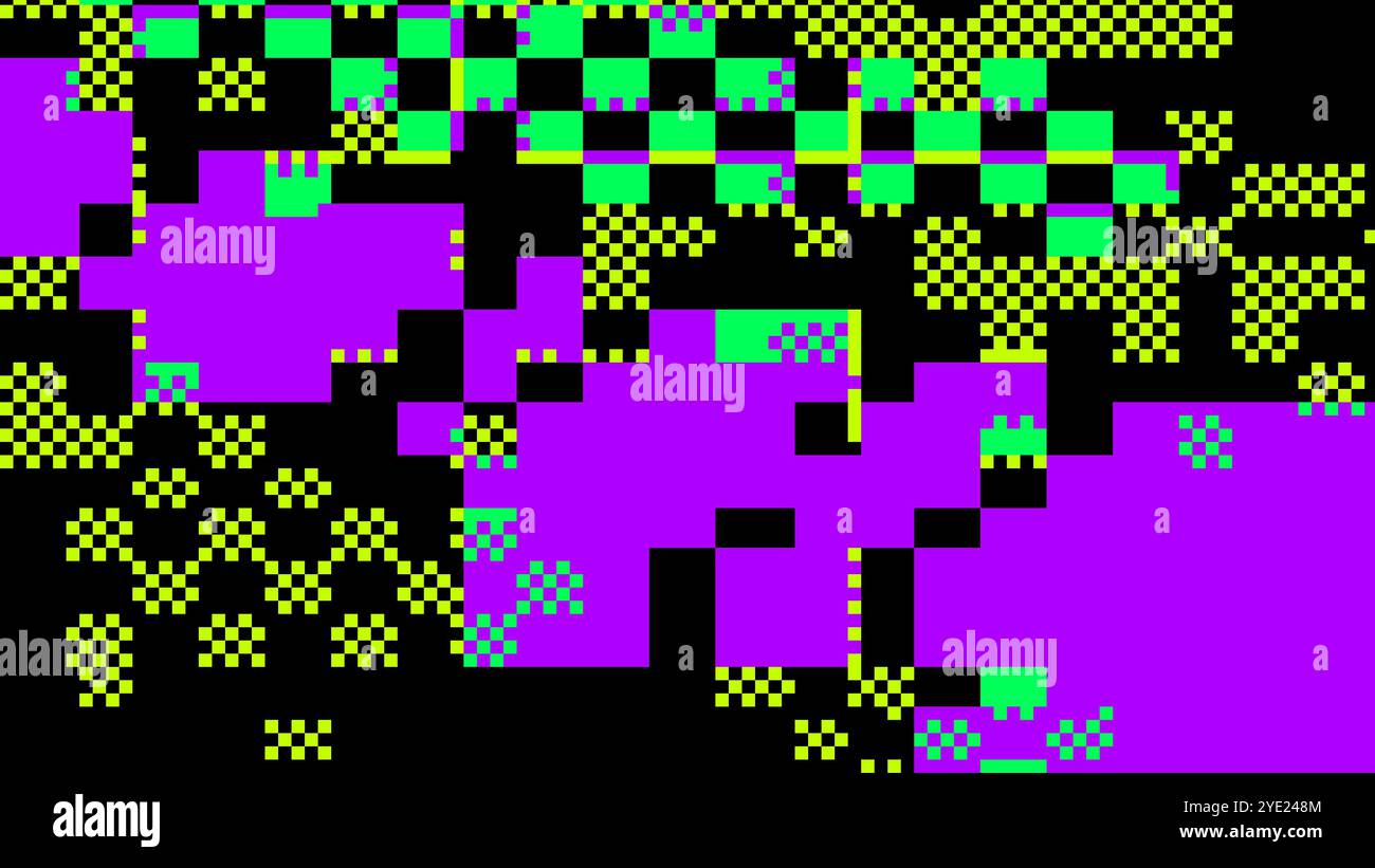 Abstract glitch art with pixelated green and purple patterns on black ...