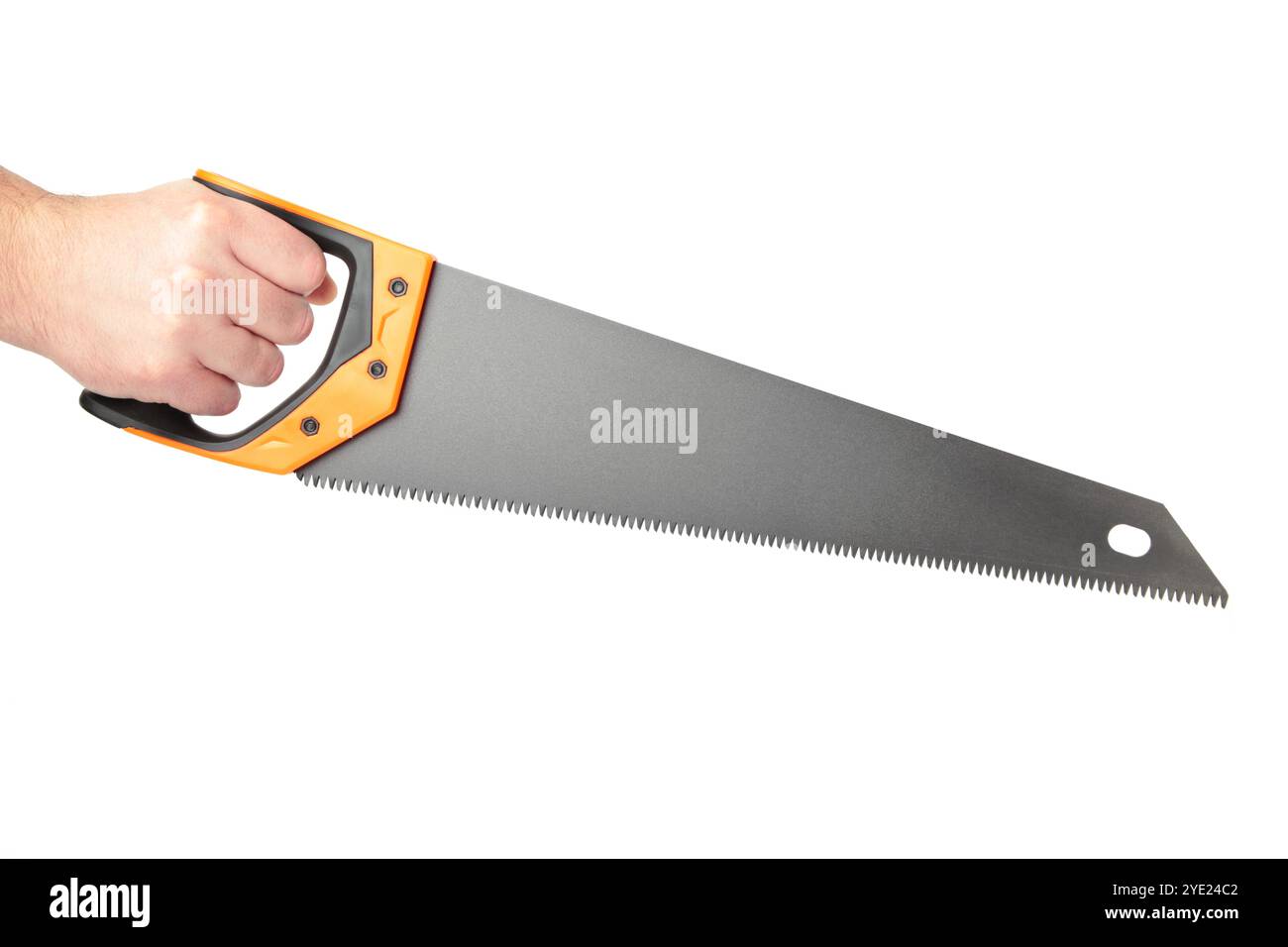 Hand using Saw-hardened Teeth isolated on white background. Top view ...