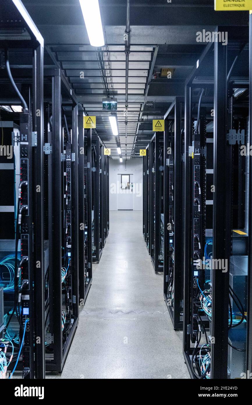 Illustration of rows and columns of data centers with hard drives and ...