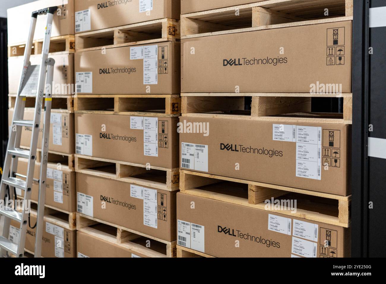 Illustration of a row of “Dell Technologies” cardboard during his visit ...