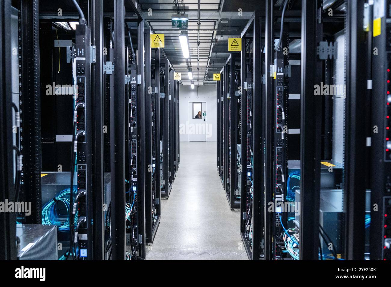 Illustration of rows and columns of data centers with hard drives and ...