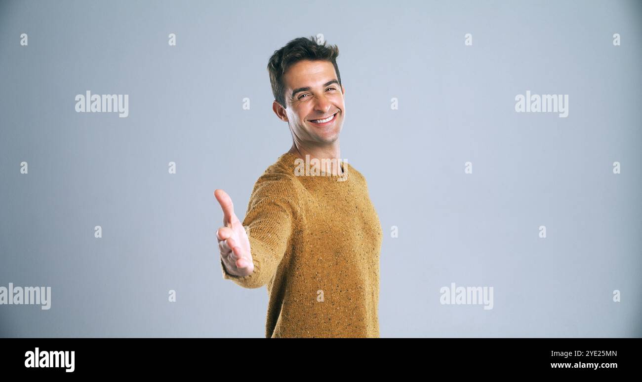 Man, portrait smile and handshake for meeting, deal or introduction ...