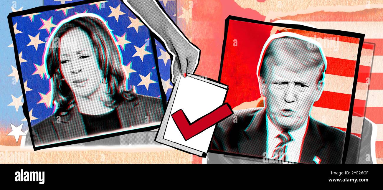 Portrait of Donald Trump and Kamala Harris. Photo collage with halftone ...