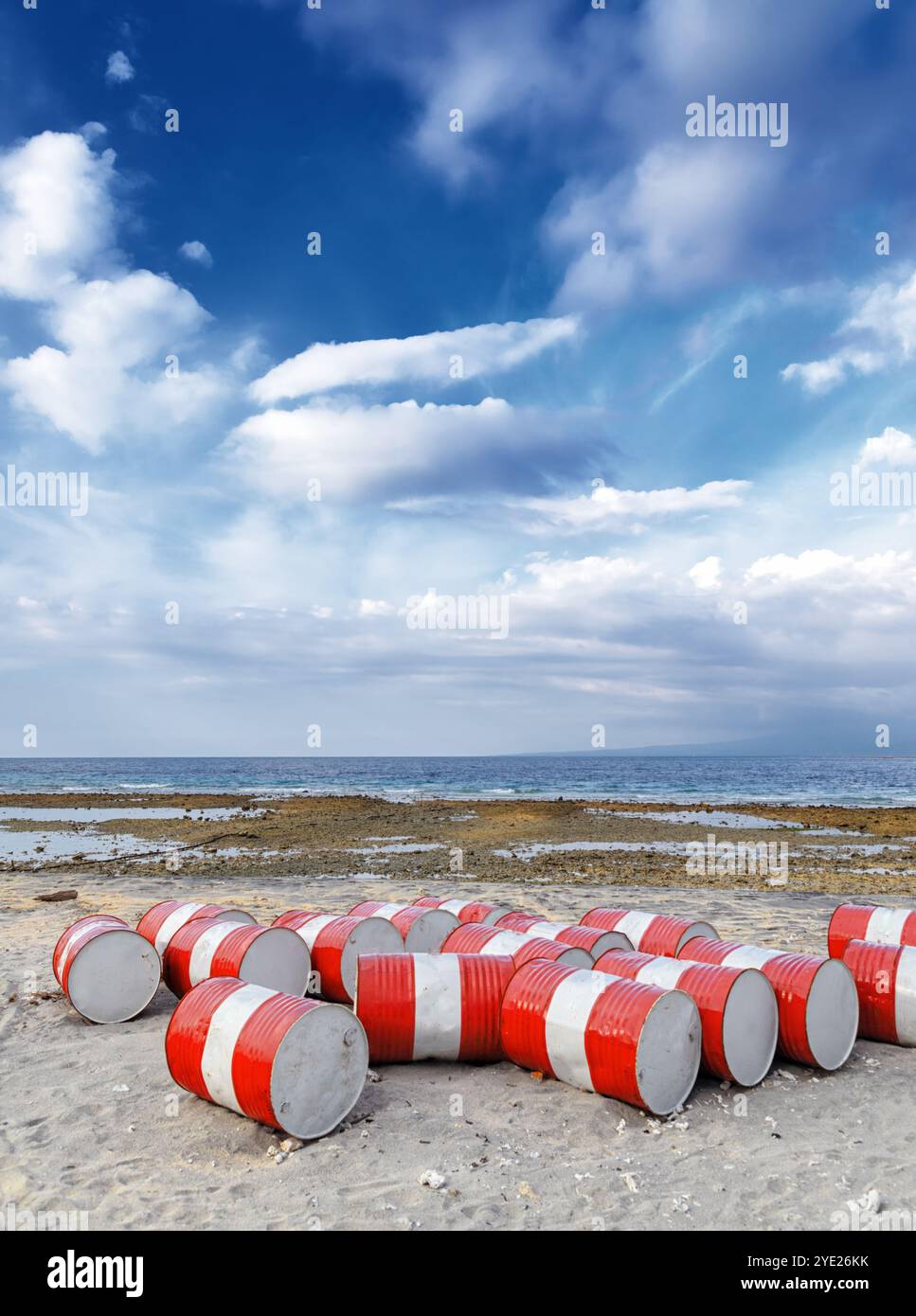 Lot of oil barrels on a seashore. Environment pollution Stock Photo - Alamy