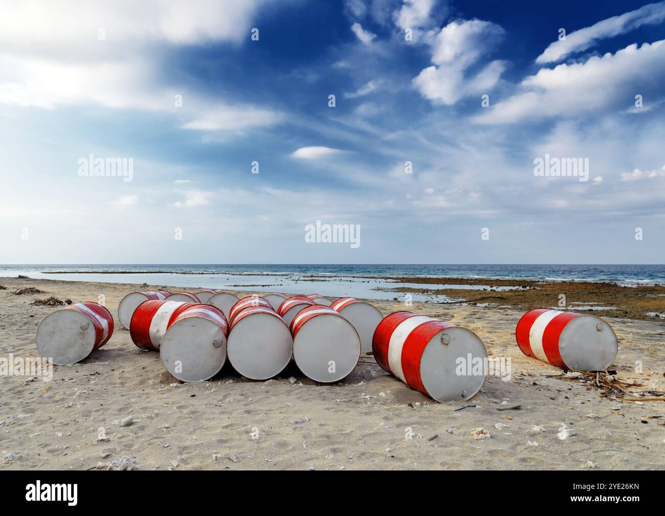 Lot of oil barrels on a seashore. Environment pollution Stock Photo - Alamy